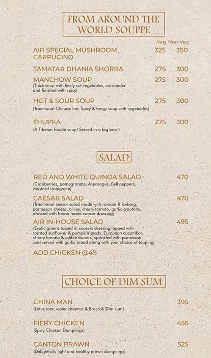 Menu of AIR - An Ivory Region, Punjabi Bagh, New Delhi