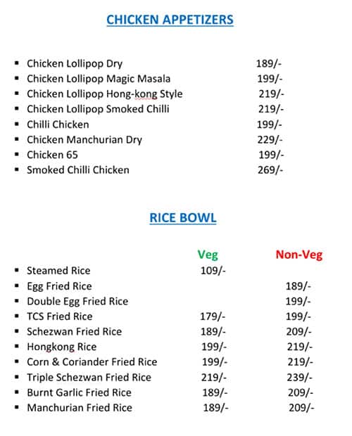 Menu of TCS-The Chinese Spot, Wakad, Pune