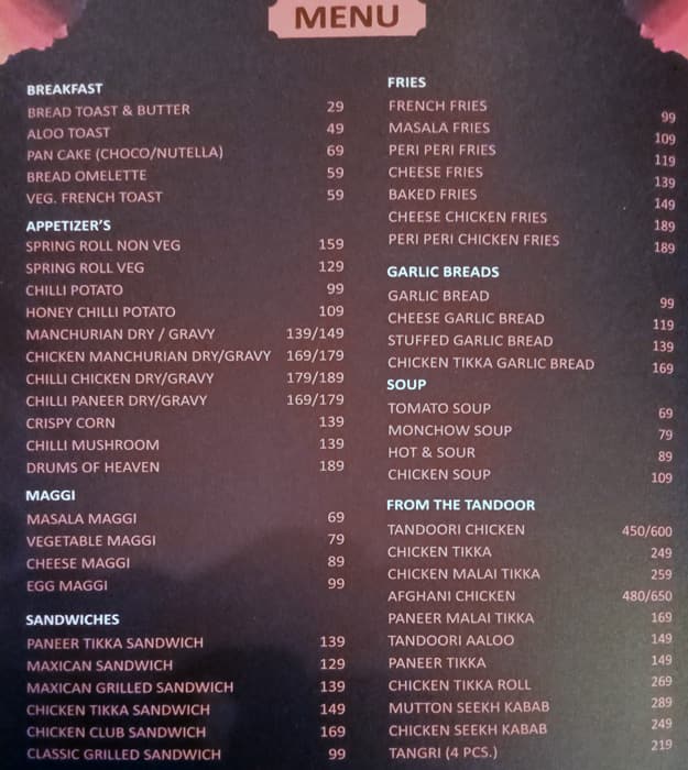 Menu of Bunker House, Rohini, New Delhi