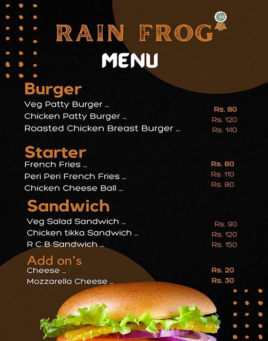 Menu of Rain Frog, Jalahalli, Bangalore
