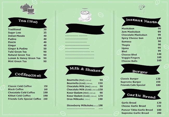 Menu of The Friends Cafe, Hansol, Ahmedabad