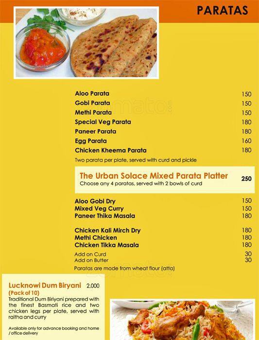 Menu at Urban Solace, Bengaluru
