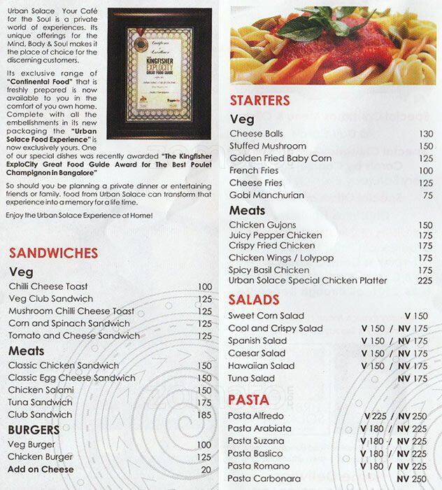 Menu at Urban Solace, Bengaluru
