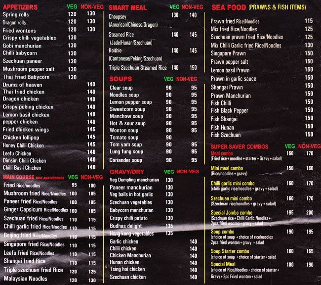 Menu at Beijing Bites, Kochi