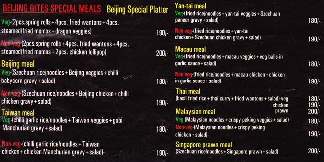 Menu at Beijing Bites, Kochi