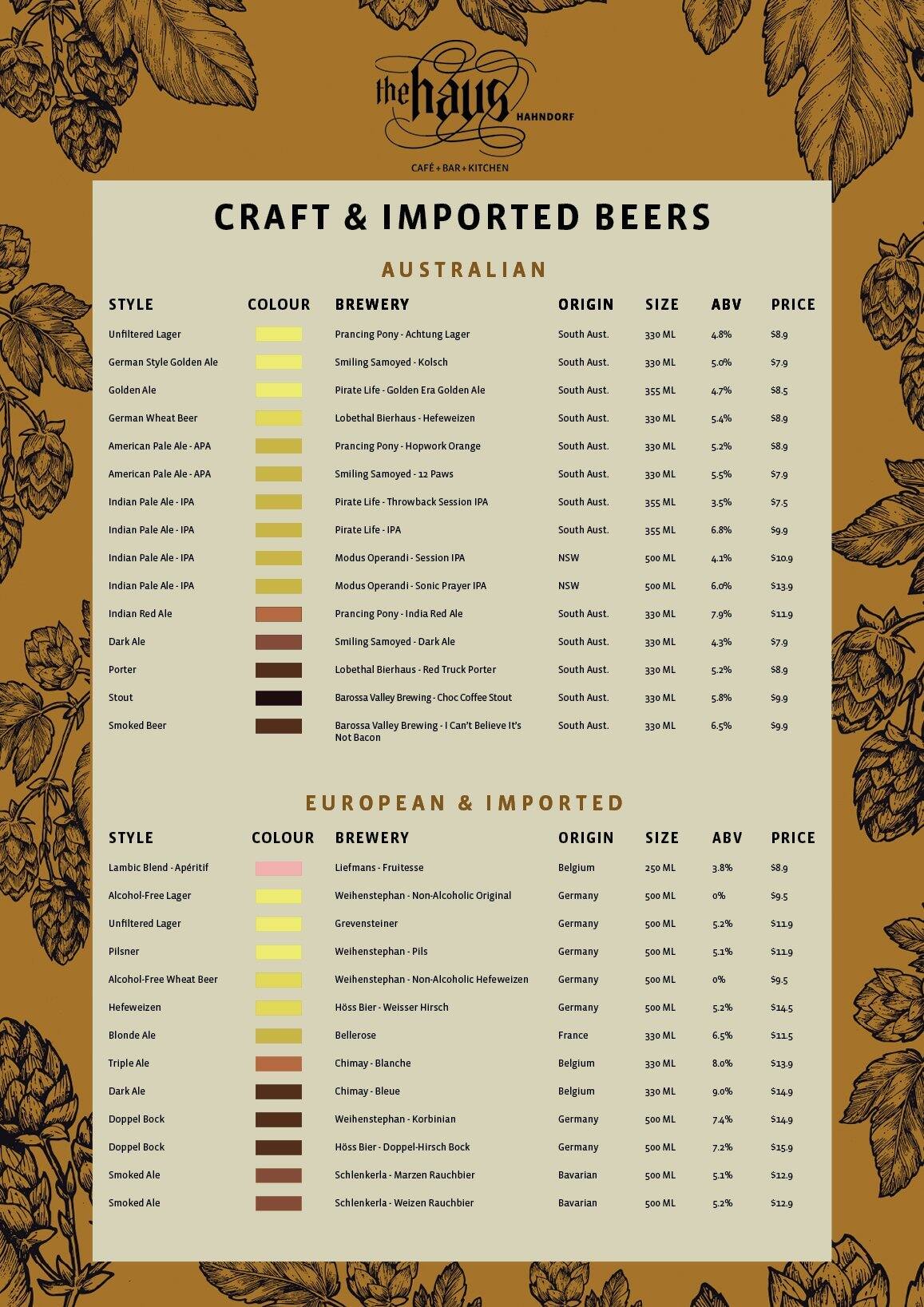 Menu at The Haus restaurant, Hahndorf, 38A Main St