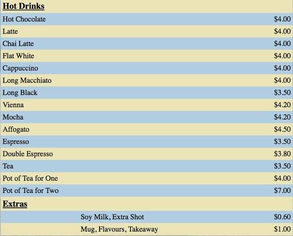 Menu at Palm Beach Cafe, Rockingham