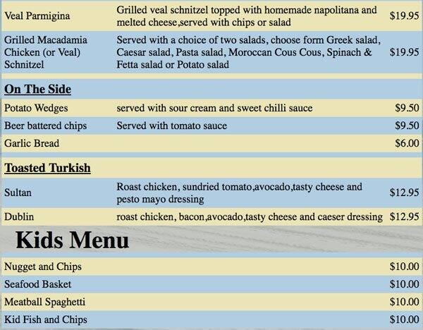 Menu at Palm Beach Cafe, Rockingham