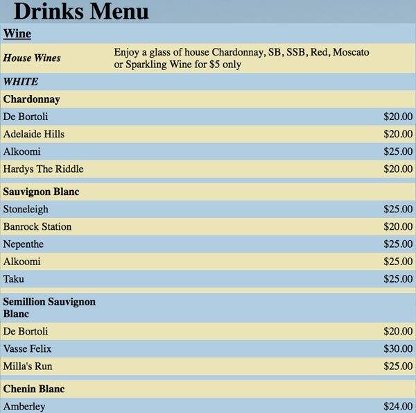 Menu at Palm Beach Cafe, Rockingham