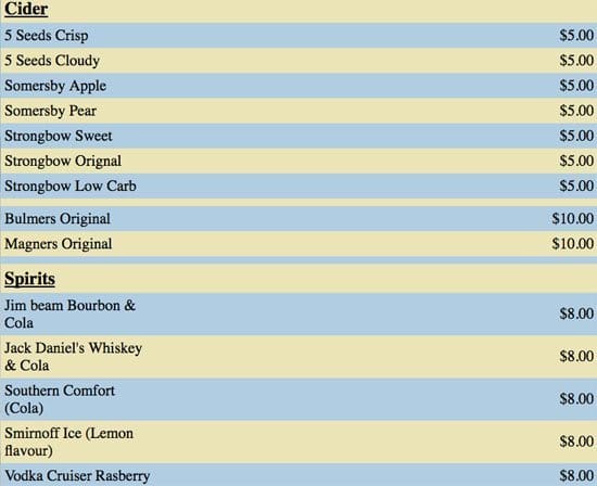 Menu at Palm Beach Cafe, Rockingham
