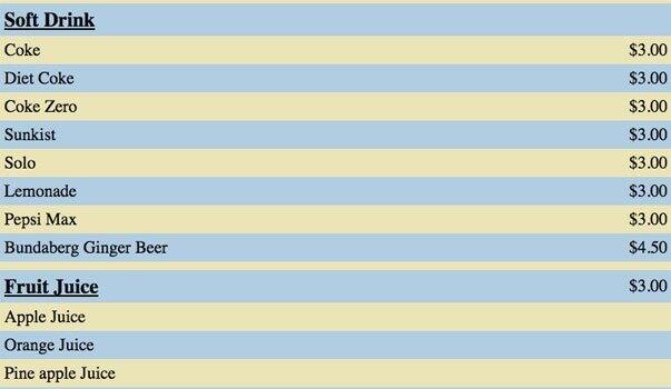 Menu at Palm Beach Cafe, Rockingham