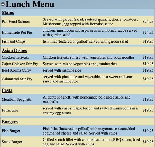 Menu at Palm Beach Cafe, Rockingham