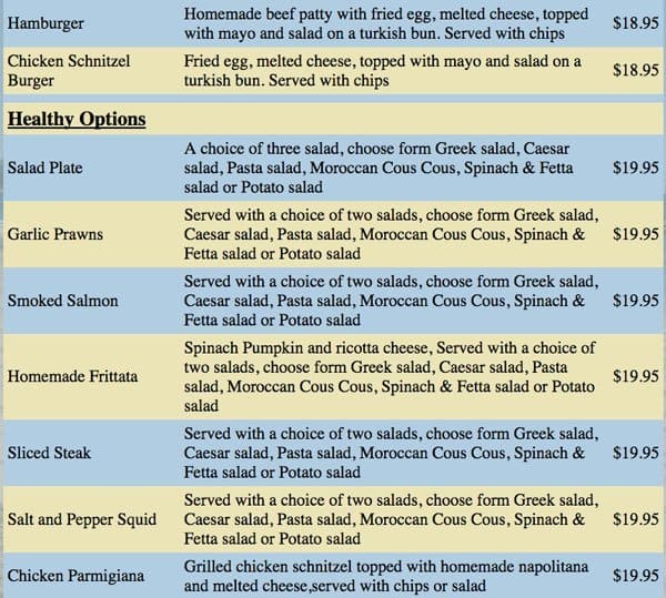 Menu at Palm Beach Cafe, Rockingham