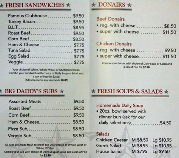 Menu at Big Daddy restaurant, Edmonton