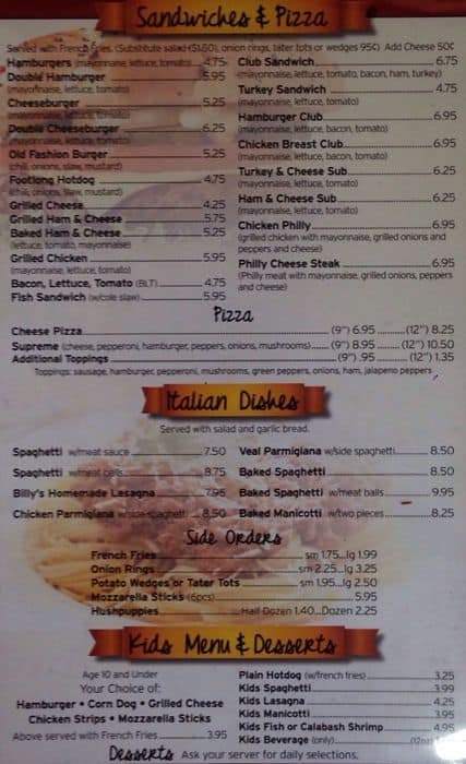 Menu at Billy's BBQ and Family Restaurant, Mount Holly