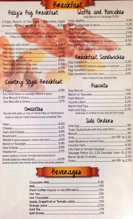 Menu at Billy's BBQ and Family Restaurant, Mount Holly
