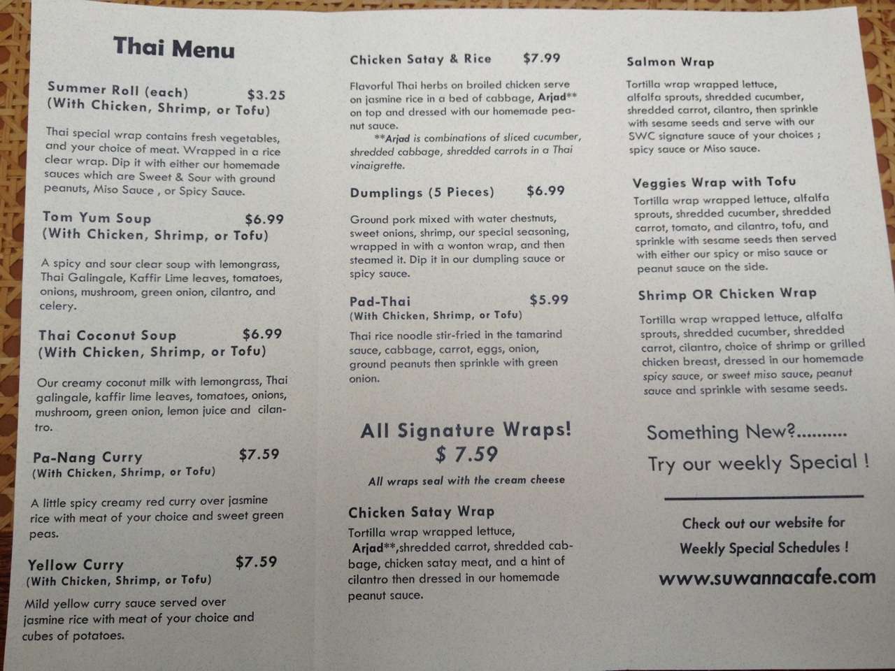 Menu at Suwanna Thai Kitchen restaurant, Juneau