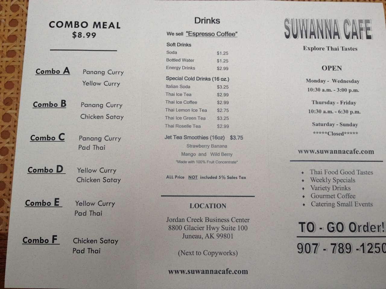 Menu at Suwanna Thai Kitchen restaurant, Juneau