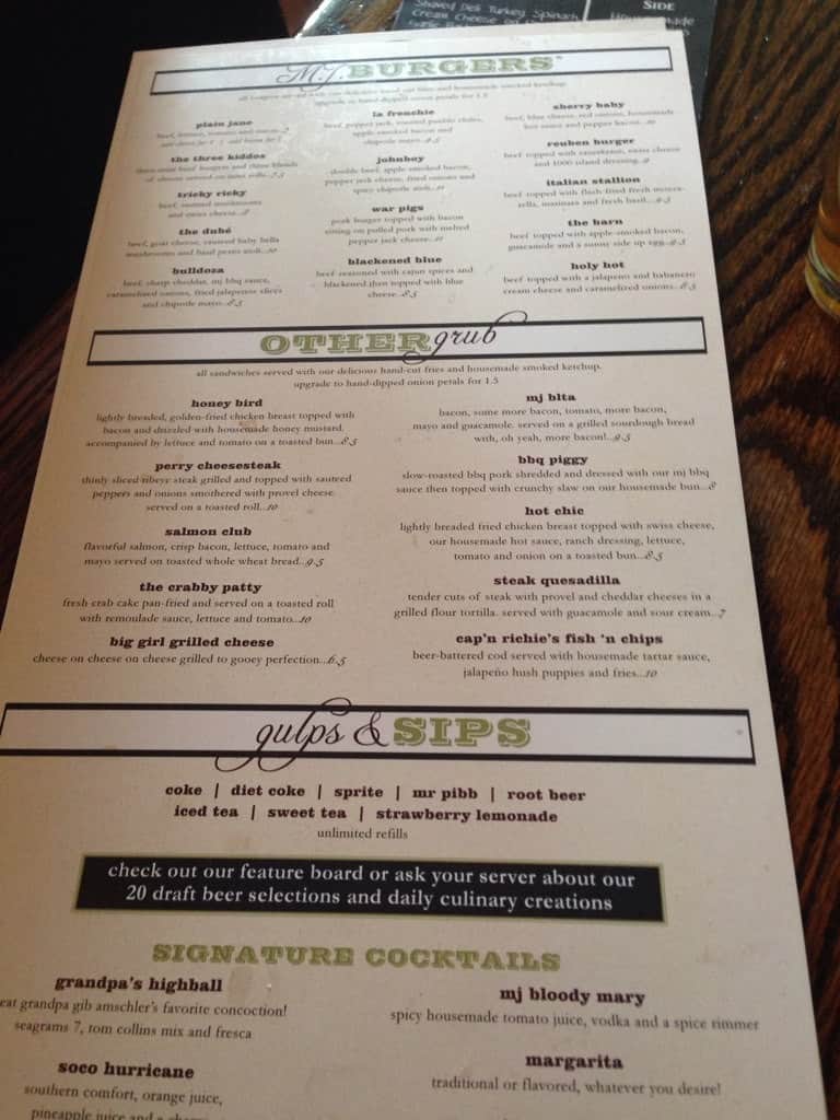 Menu at Mary Jane Burgers & Brew restaurant, Perryville