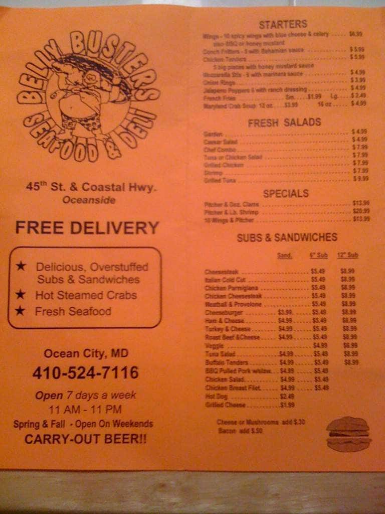 Menu at Belly Busters restaurant, Ocean City