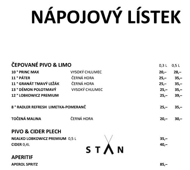 Menu at STAN Střížkov pub & bar, Prague
