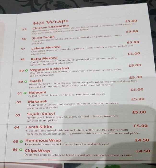Menu at Nana's cafe, Watford