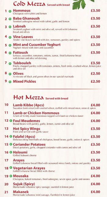 Menu at Nana's cafe, Watford