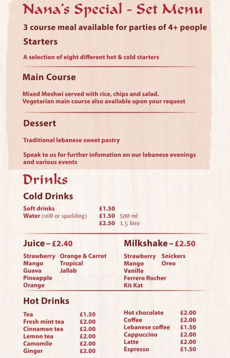 Menu at Nana's cafe, Watford