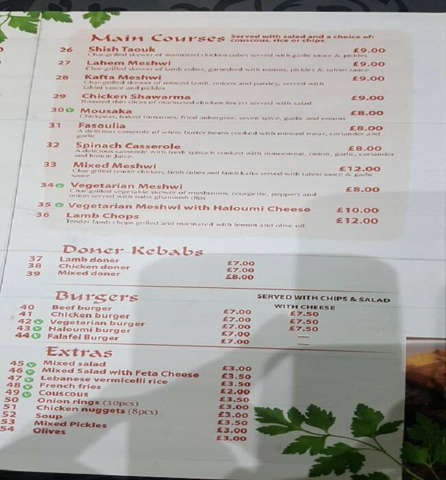 Menu at Nana's cafe, Watford