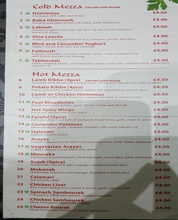 Menu at Nana's cafe, Watford