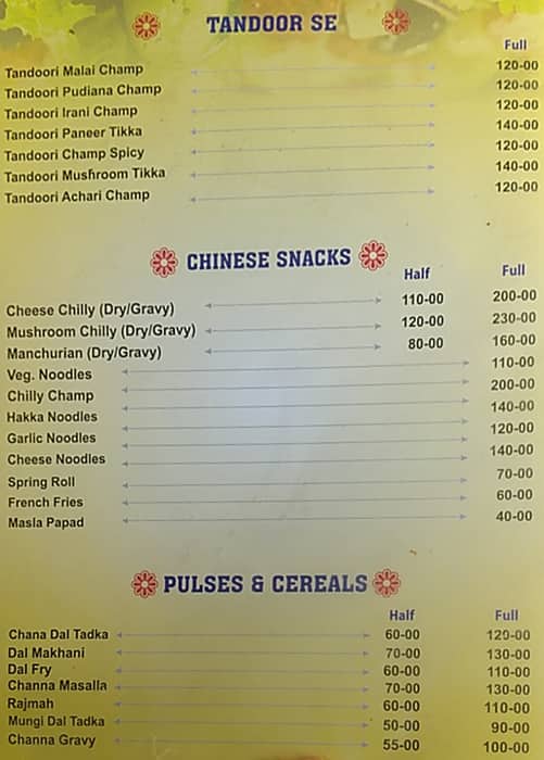 Menu of Baithak, Model Town, Jalandhar