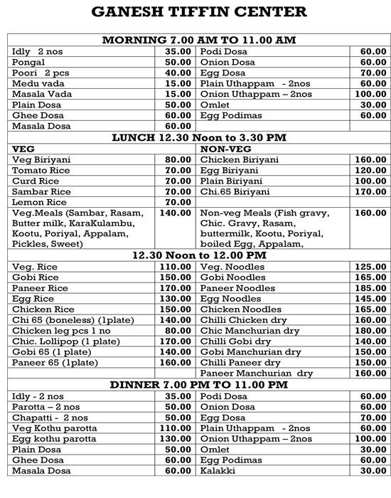 Menu of Ganesh Tiffin Center, Teynampet, Chennai