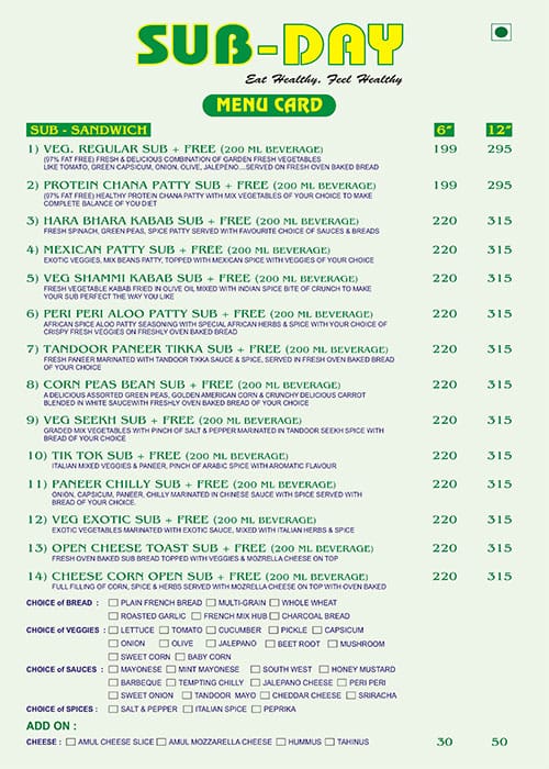 Menu of Subday, Kandivali West, Mumbai