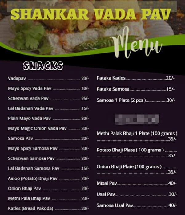 Menu of Shankar Vada Pav, Kandivali West, Mumbai