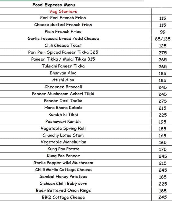 Menu of Food Express, Vasai, Mumbai