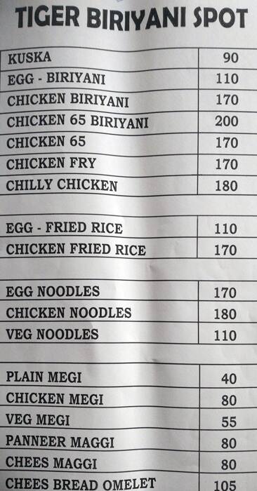 Menu of Tiger Biryani, Perungudi, Chennai