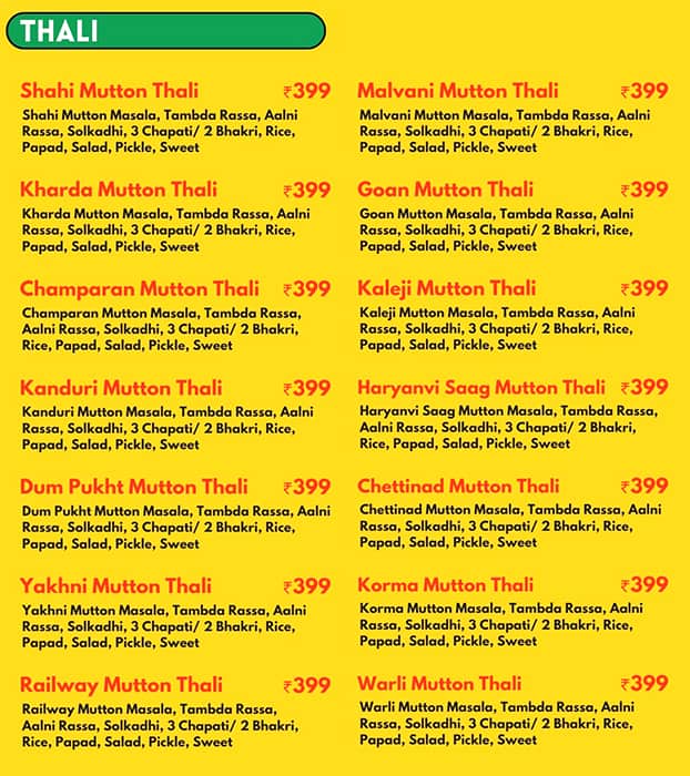 Menu of Mutton Darbar, Talegaon, Pune