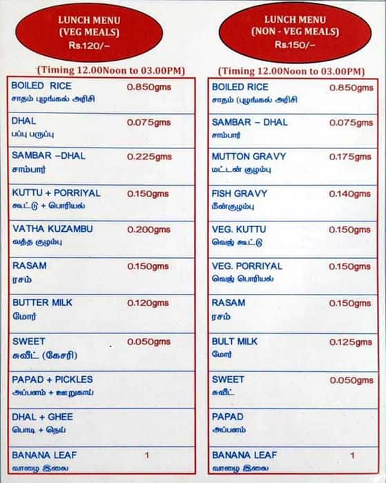 Menu of Andhra Meals Mess, Avadi, Chennai