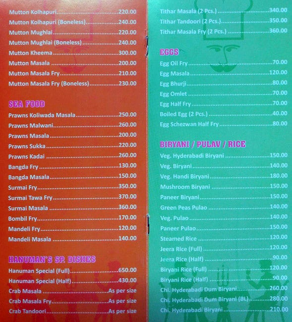 Menu at Hanuman Bar & Restaurant, Mumbai, Vinod Nivas