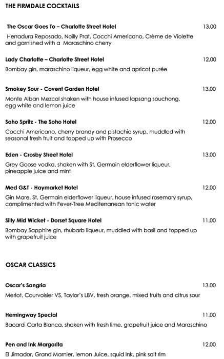 Menu at Oscar Bar & Restaurant, London