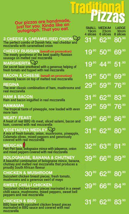 Speisekarte von Zebro's restaurant, Kapstadt, Shop 1
