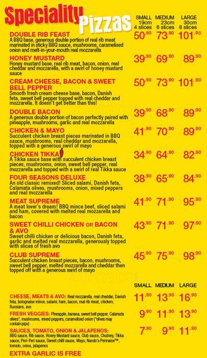 Speisekarte von Zebro's restaurant, Kapstadt, Shop 1