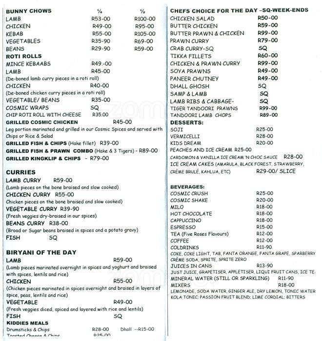 Menu at Cosmic Curries restaurant, Edenvale, Shop no