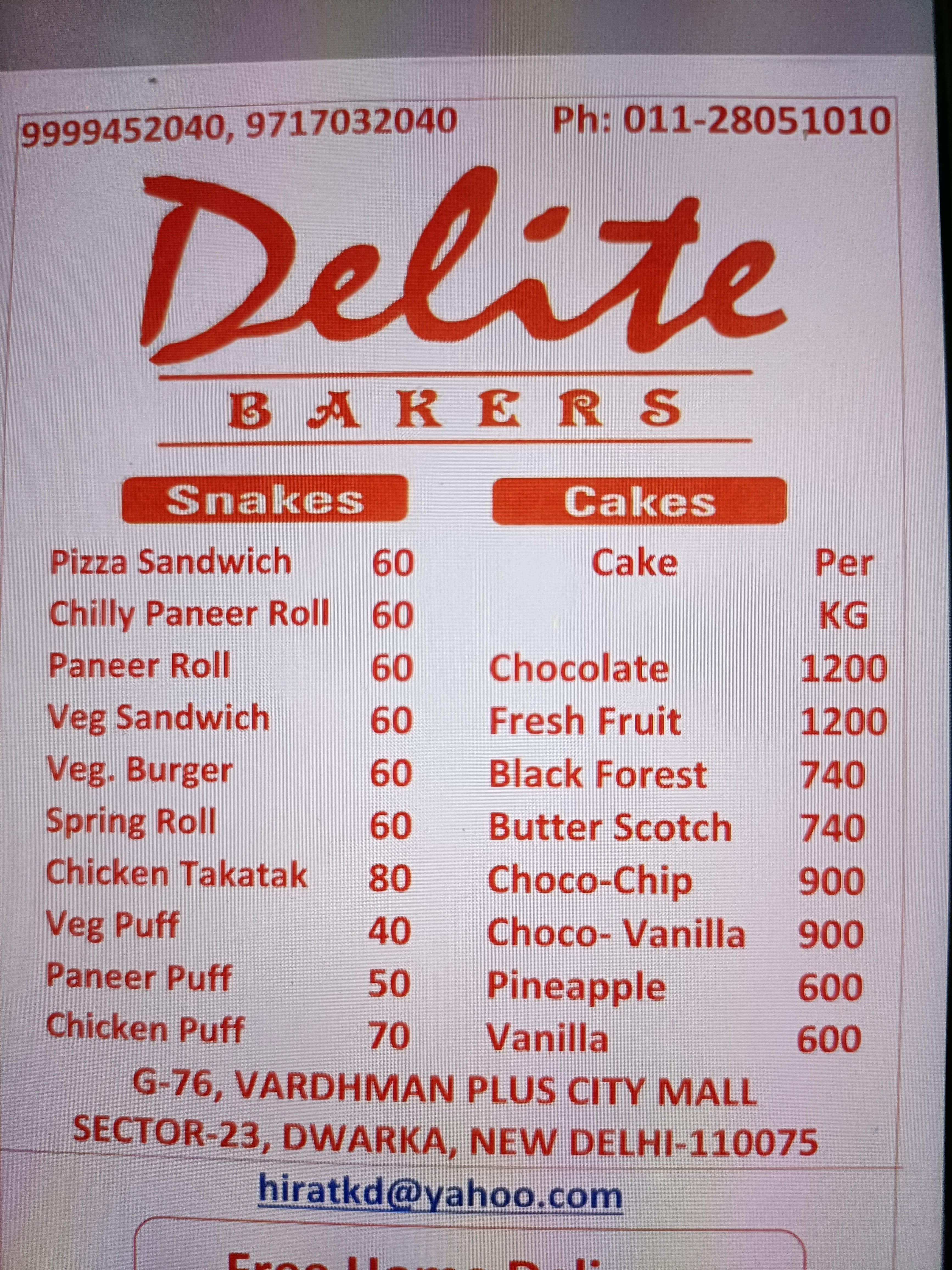 Menu at Delite Bakers, Delhi, G 76