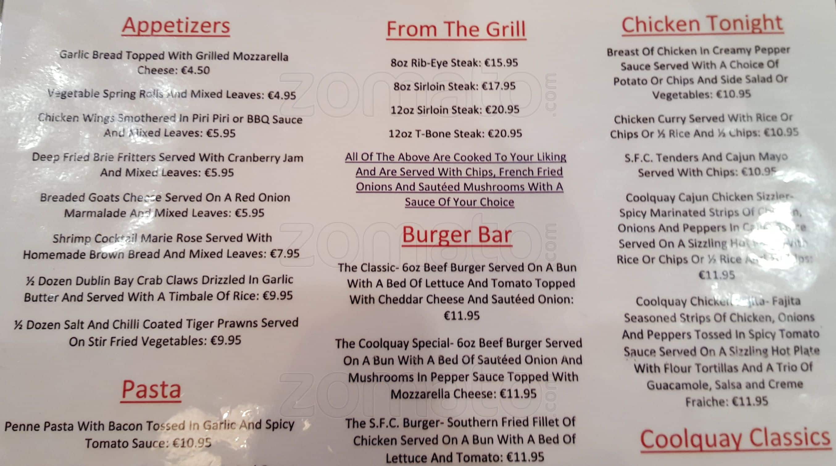 Menu at Coolquoy Lodge pub & bar, Dublin, Coolquoy Lodge