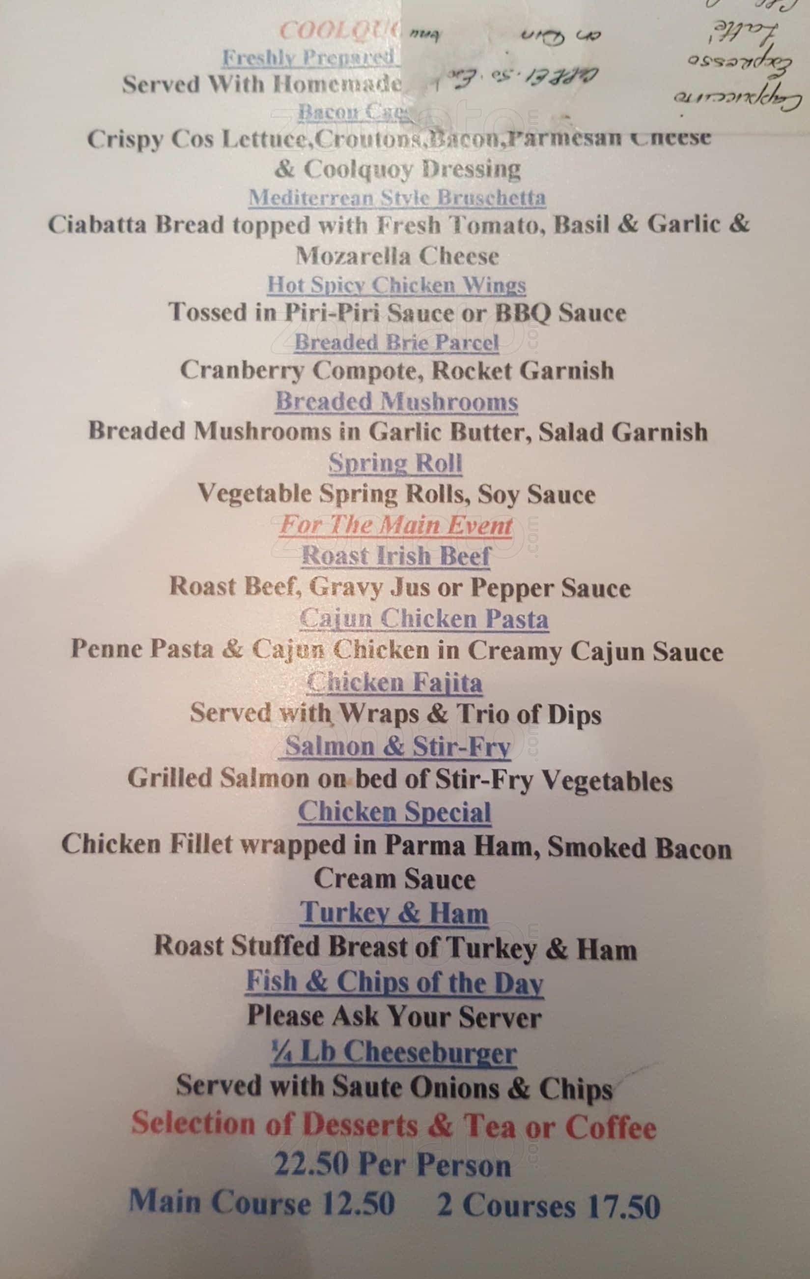 Menu at Coolquoy Lodge pub & bar, Dublin, Coolquoy Lodge