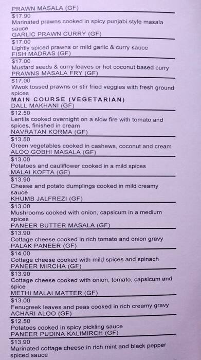 Menu at Spice Village restaurant, Malvern East