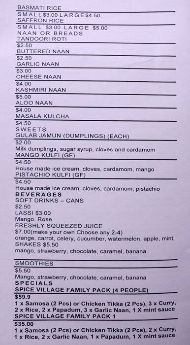 Menu at Spice Village restaurant, Malvern East