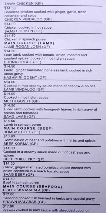 Menu at Spice Village restaurant, Malvern East
