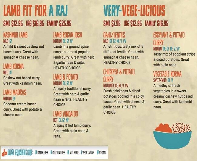 Menu at Miss India restaurant, Calamvale